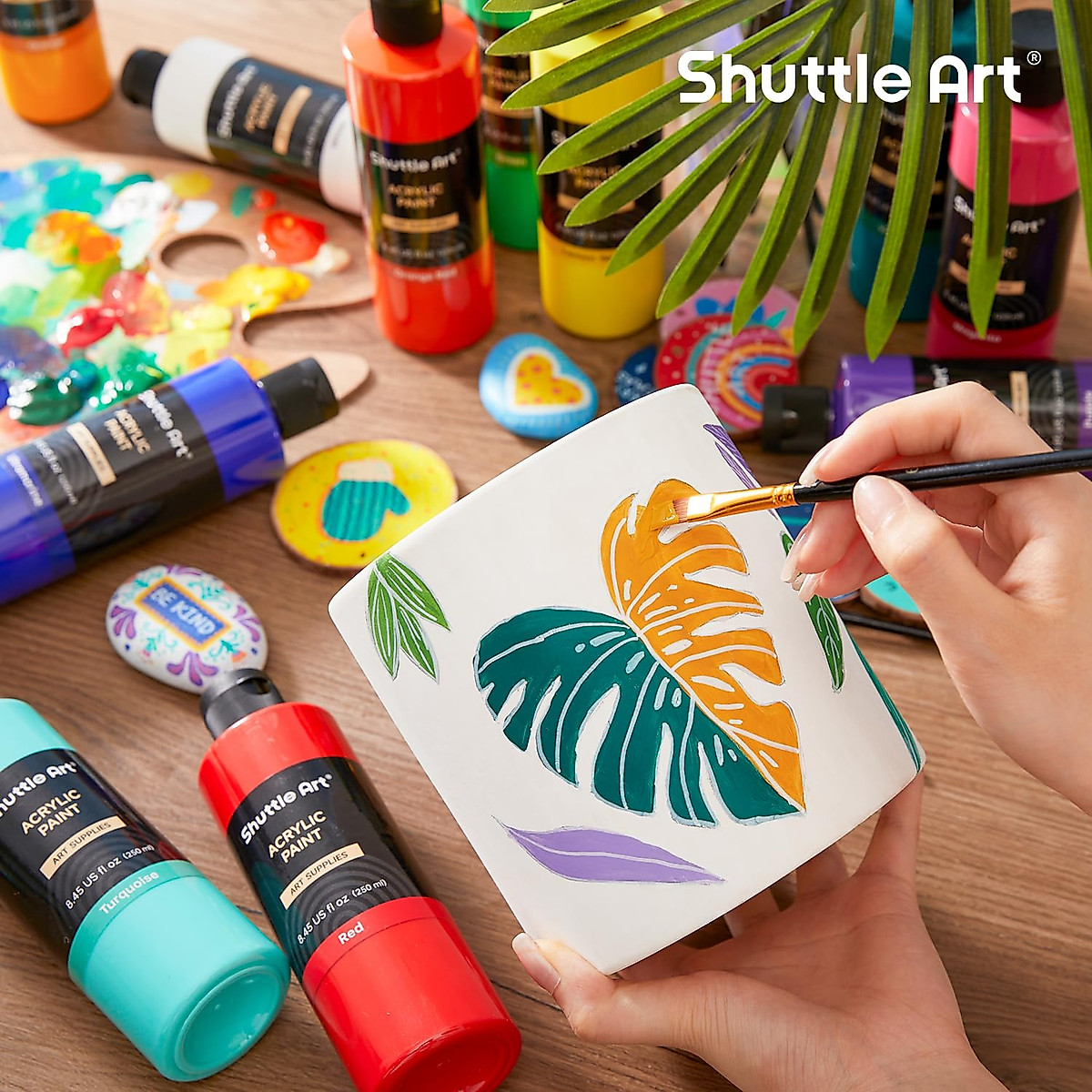 Acrylic Paint, Shuttle Art 24 Colors Acrylic Paint Bottle Set, 250ml/8.45oz Each, Rich Pigments, High Viscosity, Bulk Paint for Artists, Beginners and Kids Painting on Rocks Crafts Canvas Wood Ceramic