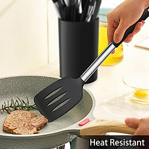 LIANYU 15-Piece Kitchen Cooking Utensils Set with Holder, Silicone Kitchen Tools Stainless Steel Handle, Slotted Spatula Spoon Turner Tong Whisk Brush for Cooking, Black