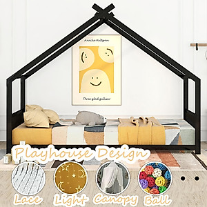 House Beds for Kids, Twin Size Floor Bed Frame Metal Montessori Beds with Headboard & Footboard for Children Boys Girls Teens, Black