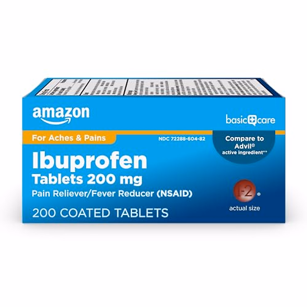 Amazon Basic Care Ibuprofen Tablets, Fever Reducer and Pain Relief from Body Aches, Headache, Arthritis and More, Brown, 200 Count