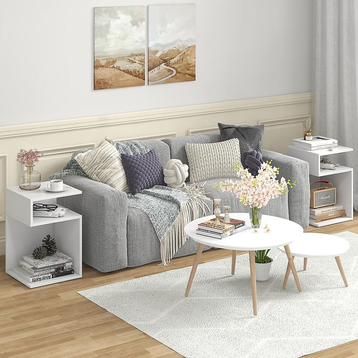 Giantex 3-Tier Side Table Set of 2, S-Shaped End Table with 2 Open Storage Compartments, Wood Narrow Bedside Table, Modern Nightstand for Bedroom, Living Room, Small Spaces, Easy Assembly, White