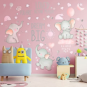 Dream Big Little One Elephant Wall Stickers Baby Room Wall Decals Moon Hot Air Balloon Grey Stars Wall Decals for Nursery Kids Room Living Room Bedroom Decorations Home Decor (Cute Style)