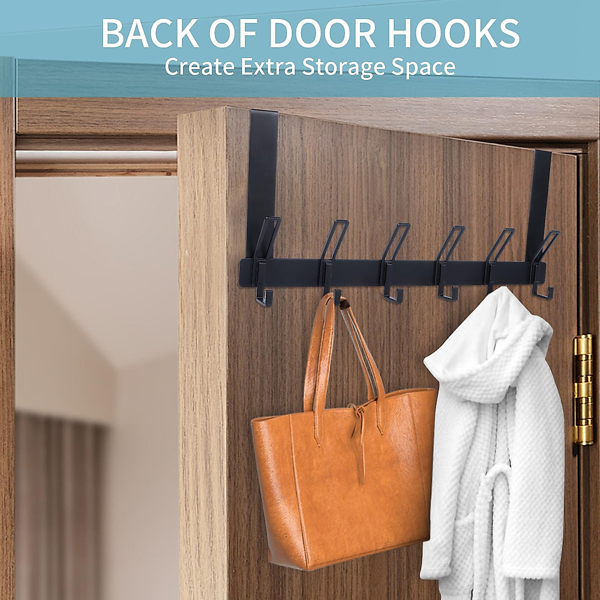 BWVWEU Behind Door Hooks,Door Back Hooks with Six Double Hooks for Living Room, Bathroom, Bedroom, Kitchen Hanging Clothes, Towels, Hats (Black 2 Pack)