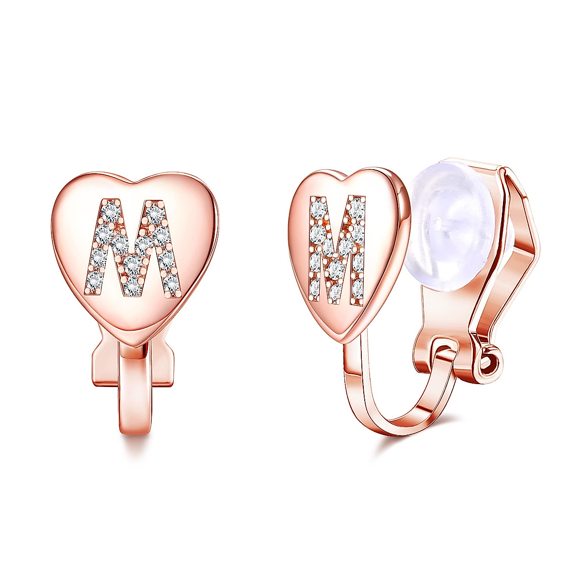 FUNRUN JEWELRY Heart Initial Clip on Stud Earrings for Women Rose Gold Plated Dainty Alphabet Letters A-Z Stud Earrings Non Pierced Stud Earrings(M)