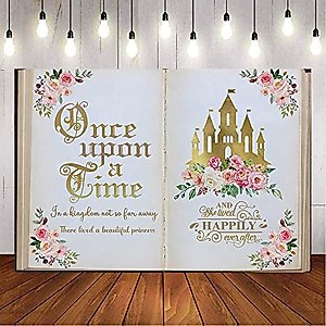 Aumeko Once Upon a Time Backdrop Pink Floral Gold Castle Princess Fairytale Birthday Party Decoration Girls First Birthday Party Photobooth Backdrop Supplies Cake Table Decorations