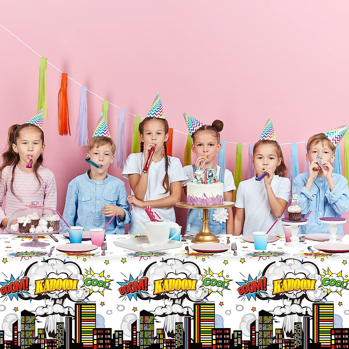 3 Pieces Super Theme Hero Party Tablecloths Hero Themed Birthday Party Supplies Hero Action Sign Plastic Table Cover Fun Hero Tablecover for Happy Birthday Baby Shower Party Decorations