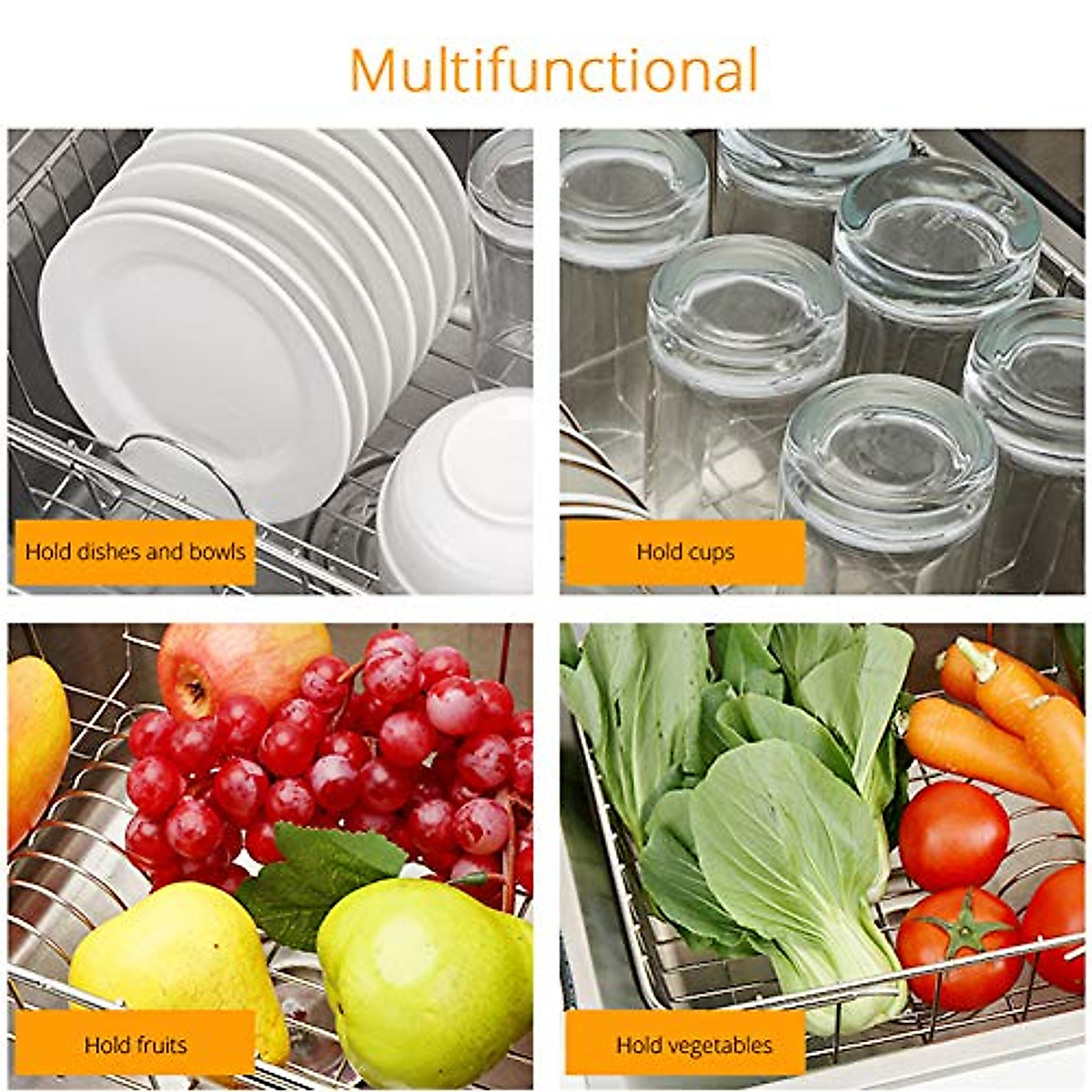 Jkhome Expandable Dish Drying Rack Adjustable Over Sink Dish Drainer Drain Stainless Steel Kitchen Fruit Vegetable Wash Storage Holder (Stainless Steel, Curved Bottom Type 17.32"x9.84"x4.33")