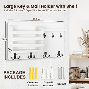 Nekon Mail Holder for Wall Mail Organizer with Key Hooks Hallway Farmhouse Decor Letter Sorter Made of Natural Wood with Floating Shelf and Flush Mount Hardware (16.8Inch x 10Inch x 3.2Inch)