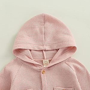 NANYKNIGHTY Toddler Baby Boy Girl Romper Unisex Infant Clothes Waffle Fabric Solid Long Sleeve Buttons Hooded Jumpsuit One-piece (Pink, 6-12 Months)