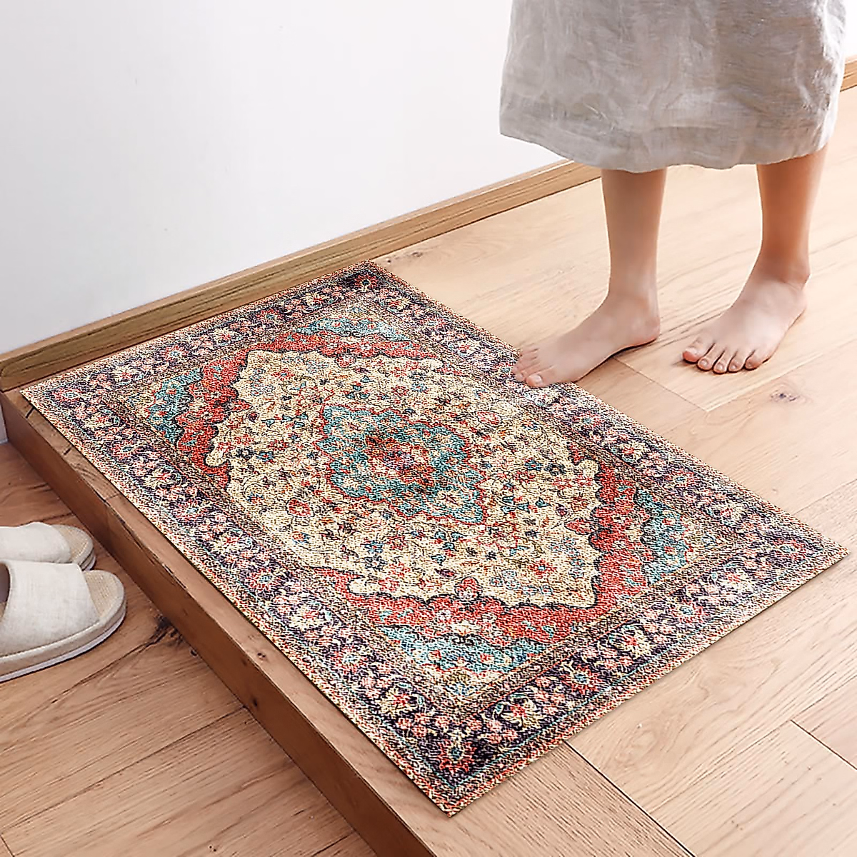 Red Contemporary Doormat Kitchen Bathroom Rug Floor Door Mat, Washable Welcome Entry Way Entrance Mat, Absorbent Hallway Accent Throw Runner Carpet, Abstract Oriental Flower Leaves 16"x24"