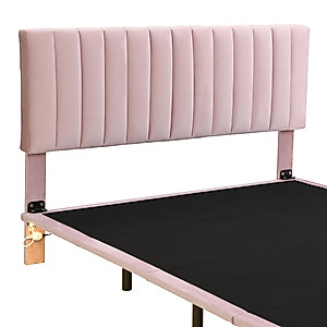 DNYN Upholstered Queen Size Floating Bed Frame with LED Lights & Headboard Design,Modern Velvet Fabric Platform Bedframe for Bedroom,Guest Room,Noise Free & Easy Assembly, Pink