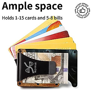 RIGYRIVR Minimalist Slim Wallet for Men - RFID Blocking Credit Card Holder, Wood Wallet With Money Clip, Holds 15 Cards and Cash, Gifts for Men,Unique Pattern,Black