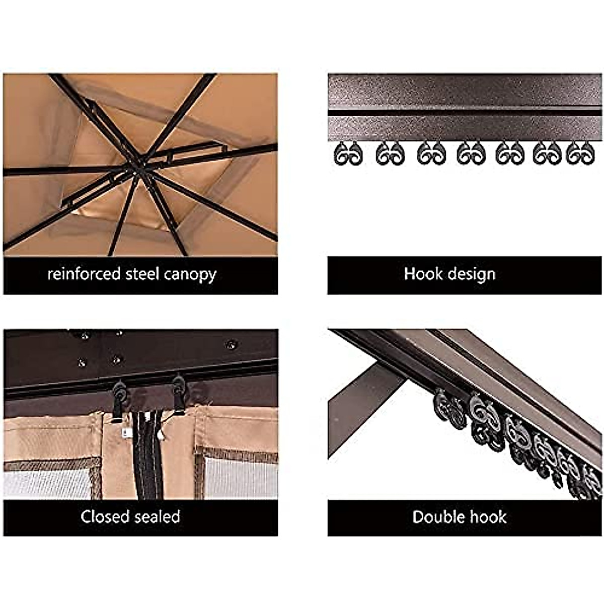 Skiway 10'x 10' Patio Gazebo Canopy Outdoor Tent Shelter with Double Square Tops, Shade Curtains and Mosquito Netting -Brown, Front Porch