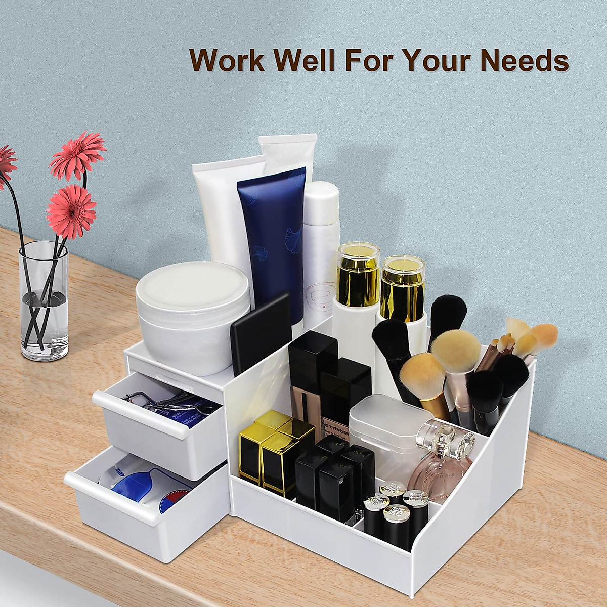 AmoVee Makeup Organizer, White Skincare Organizers on Countertop, Cosmetic Storage Organizer Fits Skincare, Lotions, Lipsticks, Nail Polish, Brushes, and Perfume, A Holiday Gift