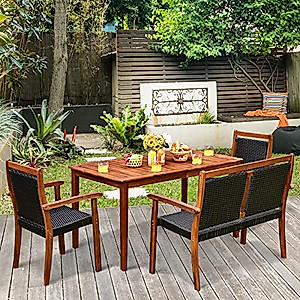 Tangkula 4 Pieces Patio Dining Set for 4, Patiojoy Space-Saving Outdoor Acacia Wood Dining Table and PE Rattan Chairs Set with 1.9” Umbrella Hole, for Garden, Backyard, Deck, Poolside, Balcony
