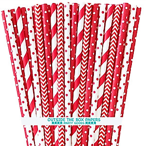 Paper Drinking Straws - Red and White - Christmas Valentine Birthday Party Supply - Stripe Chevron Polka Dot - 7.75 Inches - 100 Pack Outside the Box Papers Brand