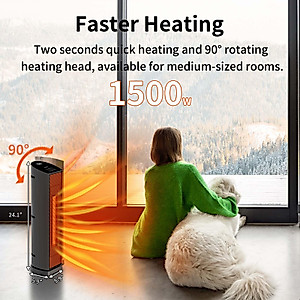 QOWETU Space Heater for Indoor Use with Remote - 90° Oscillating Tower Electric Heater, 24 Inchs, 12H Timer, 1500W Quiet PTC Ceramic Heating with Thermostat, Fast Safety Heat for Office, Home, Bedroom