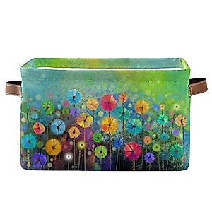 Foldable Storage Basket Green,Spring Flower Decorative Organizer Basket with PU Handles, Baskets for Shelves Home Closet Bedroom Living Room - 1 Pack