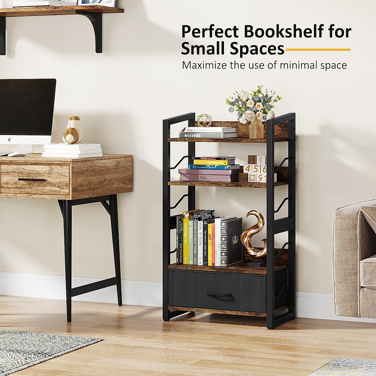 Hosfais Small Bookshelf with Drawer: 4-Tier Wood Book Shelf Industrial Narrow Bookcase Storage Organizer Metal Stackable Shelves for Desktop Bedroom Living Room Home Office (Rustic Brown)