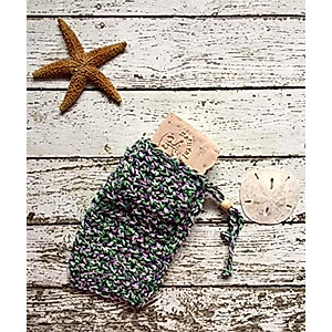 Handmade Soap Bag Purple Green Soap Holder Cotton Drawstring Bag Hanging Soap Saver Cozy Spa Shower Bath Crochet Washcloth