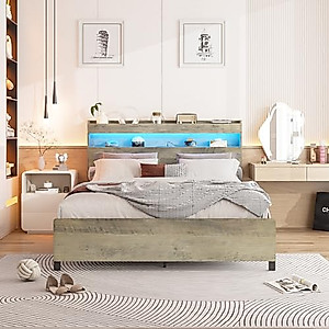 Grey Full Size Bed Frame with 2-Tier Wooden Storage Headboard and Charging Station Modern Upholstered Platform Full Bed Frame with RGB LED Lights Metal Support,No Box Spring Needed,Noise Free,Gray