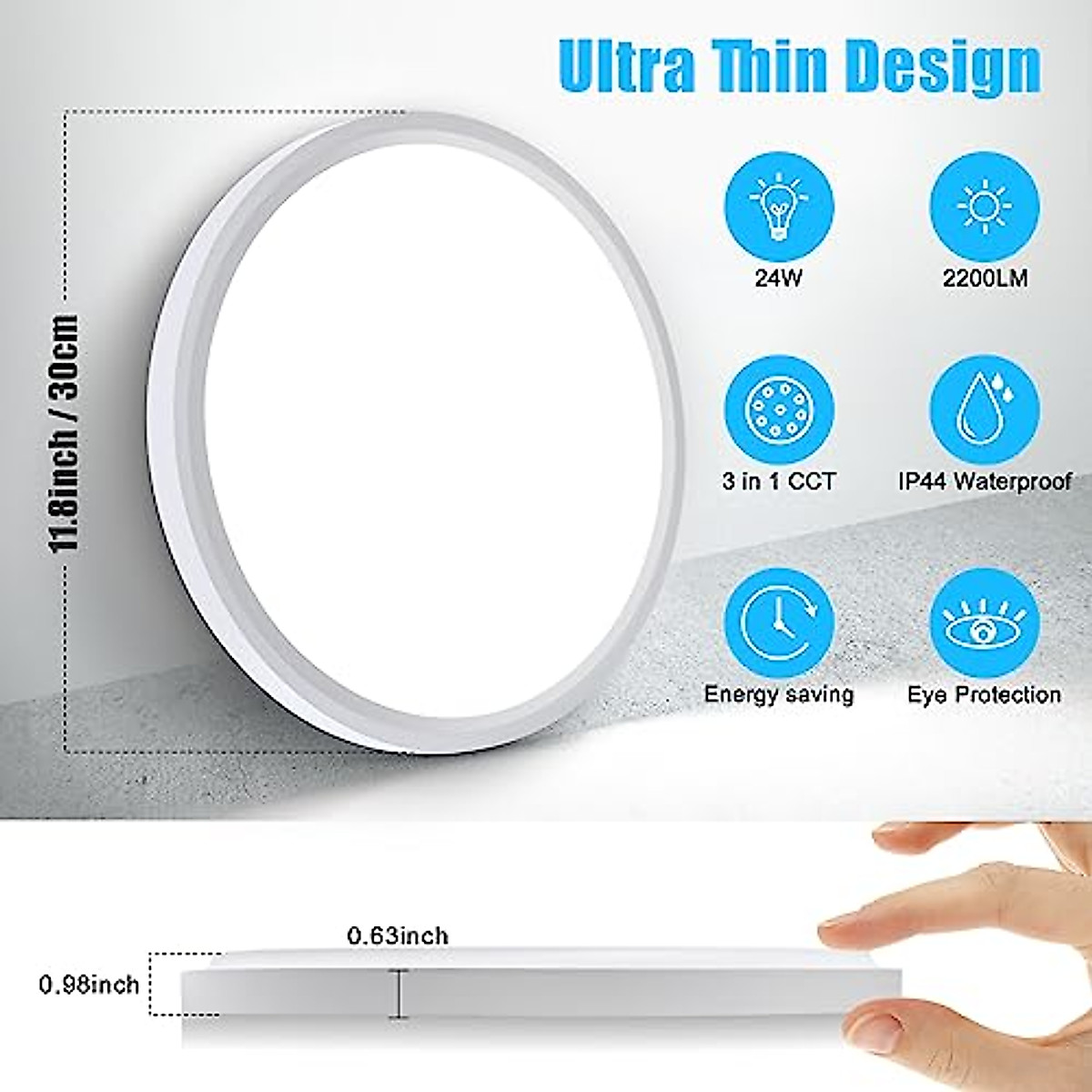 Wowag 2PACK LED Flush Mount Ceiling Light Fixture,12 Inch Super Slim 24W 2200lm,3000k/4000k/6000K 3 Color Selectable Surface Mount Low Profile Ceiling Lamp for Bedroom,Kitchen,Dining Room(White)