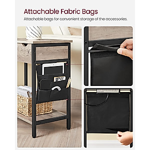 VASAGLE Side Table with Storage, End Table with USB Ports and Outlets, Nightstand with Charging Station, Fabric Bags, for Living Room, Bedroom, Greige and Black ULET310B02, 23.6 x 12.4 x 23.6 Inches