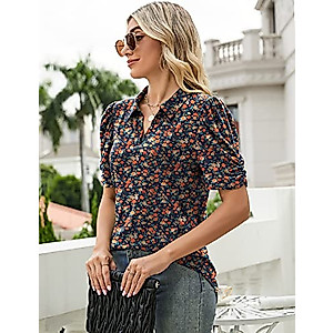 LOMON Womens Collared Shirts Puff Sleeve Polo Shirts Short Sleeve Summer Work Tops Navy Blue Floral XL