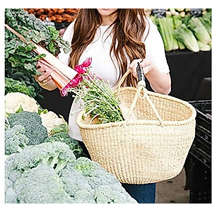 Fair Trade Ghana Bolga African Dye-Free Market Basket Natural Baskets (14"-16" Large: Black Handle)