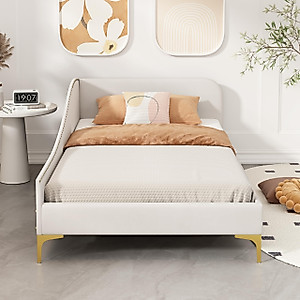 Upholstered Twin Size Daybed with Headboard and Armrest, Wooden Daybed with Sturdy Support Legs for Bedroom, Living Room, Easy Assembly (Beige, Twin)