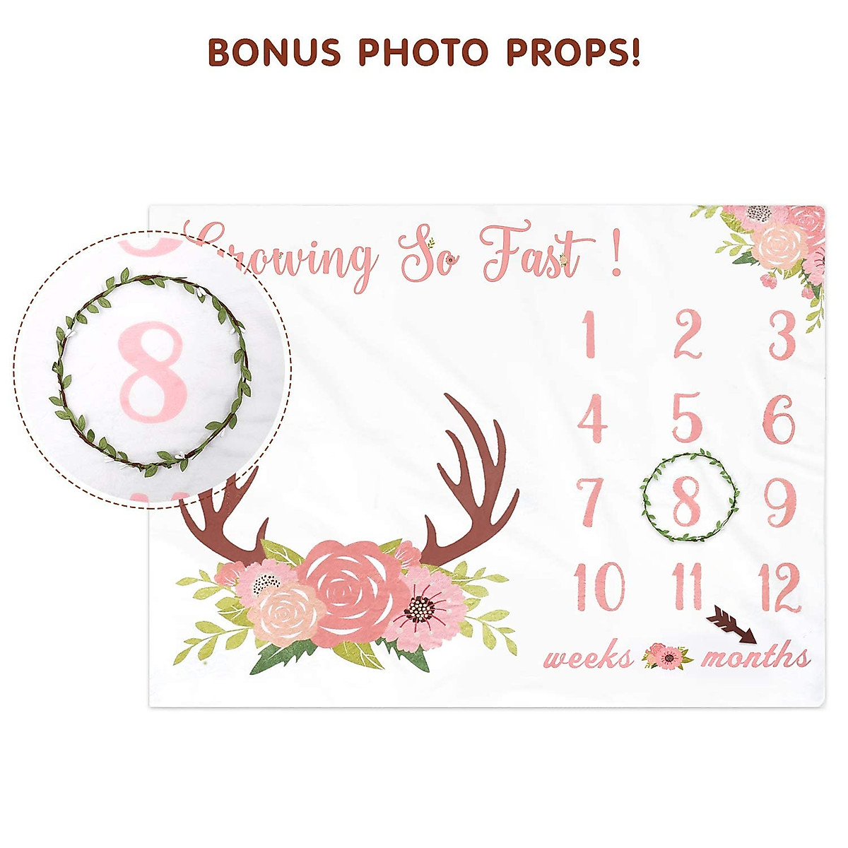 Eunikroko Baby Monthly Milestone Blanket for Girls Fleece Blankets Floral Deer Antler for Watch Me Grow Photography Background Weeks Months with Props for Newborn Infants Shower Gift