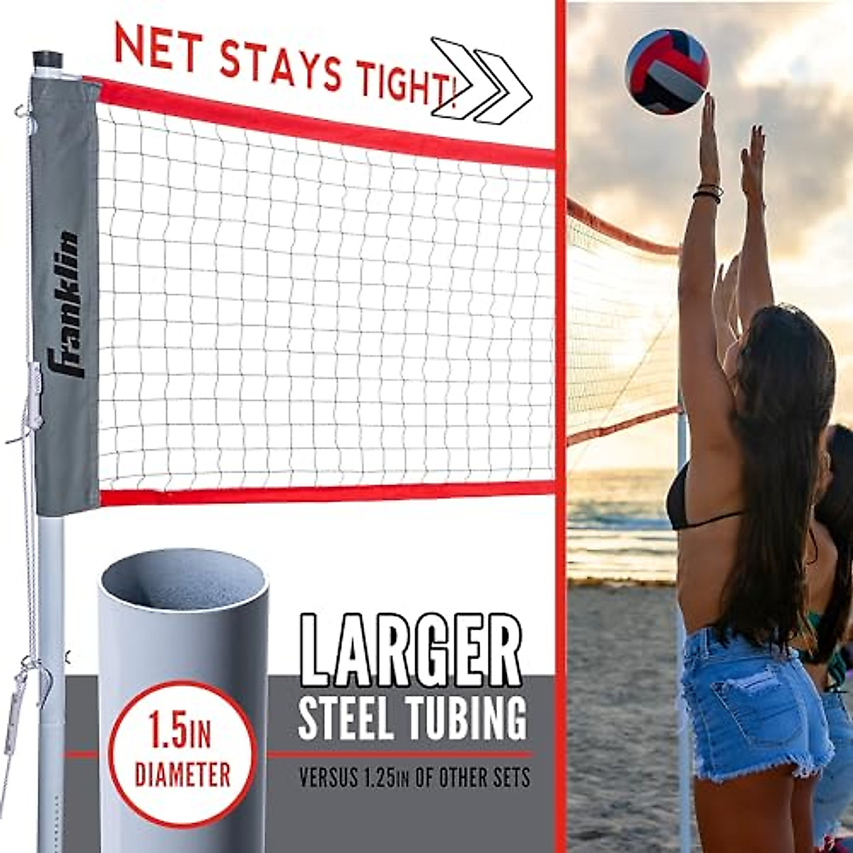 Franklin Sports Elite Badminton Volleyball Combo Net Set - Includes Volleyball,Badminton Rackets,Birdies, Poles/Net, Stakes, Ropes, Boundary Kit - Beach or Backyard Badminton - Easy Setup
