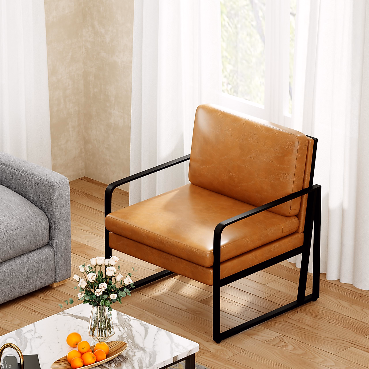 ALISH Accent Chairs, Upholstered Armchair Modern Living Room Chairs Linen Arm Chair Side Sofa Chairs Reading Chairs with Metal Legs for Bedroom, Living Room Brown