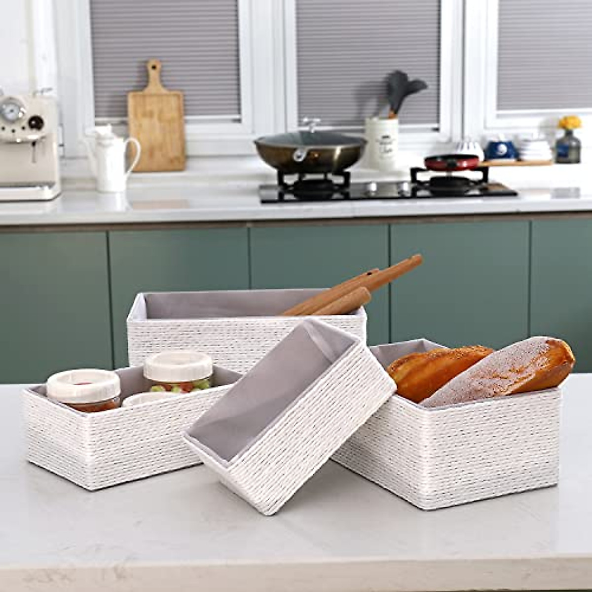 IFNOW Small Basket Set 4 - Stackable Woven Basket Paper Rope Bin, Storage Boxes for Bathroom Storage Organizer Minimalist Style