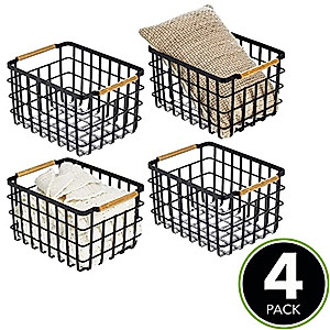 mDesign Metal Wire Closet Storage Basket Bin Organizer with Wood Handles for Bedroom, Bathroom, Mudroom, Entryway, Hallway, or Linen Closet Organization - Yami Collection - 4 Pack, Matte Black/Natural