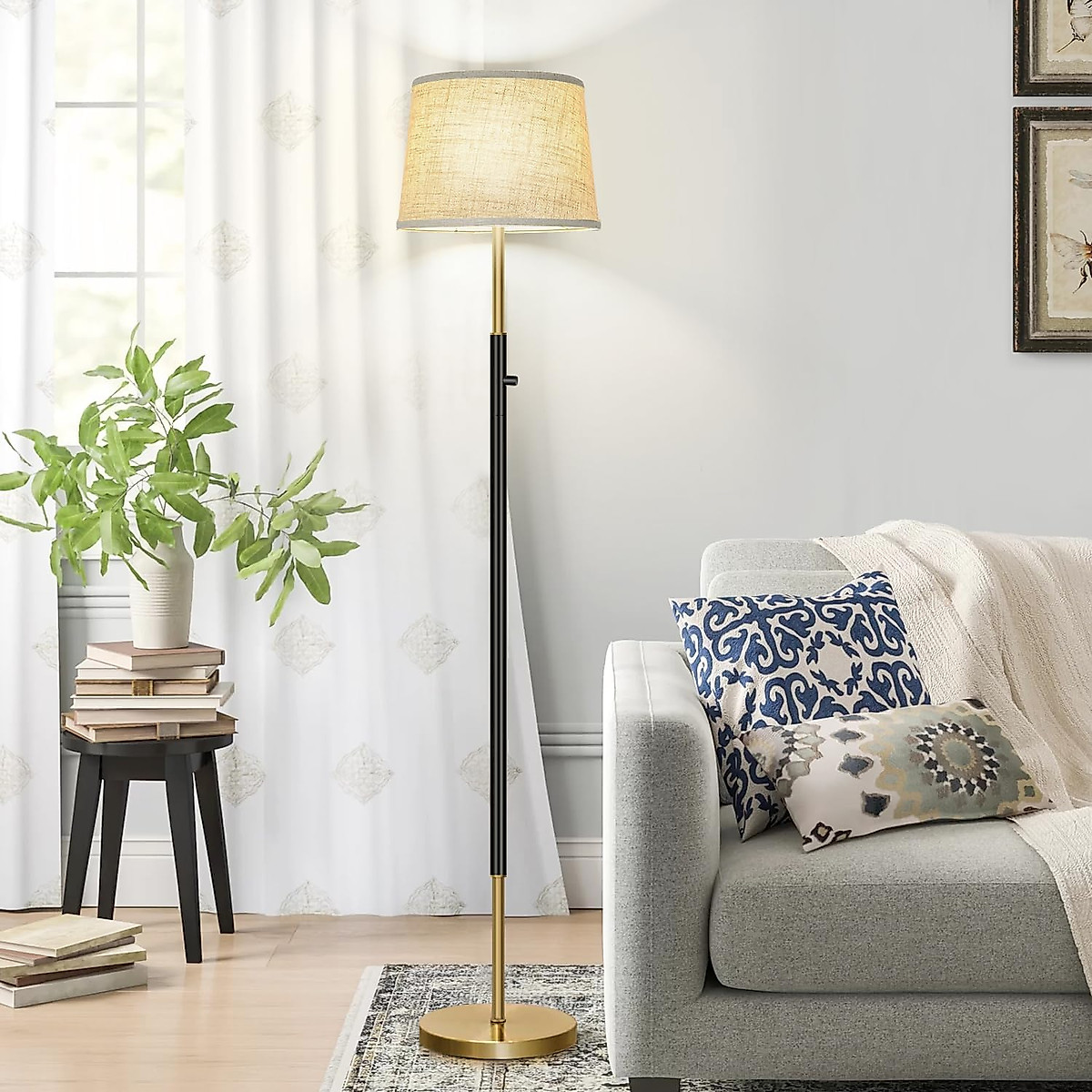 Dimmable Floor Lamp, 1100 Lumens LED Bulb Included, Gold Floor Lamps for Living Room Modern Standing Lamp with Natural Linen Shade, Tall Lamp for Living Room Bedroom Office Reading Dining Room