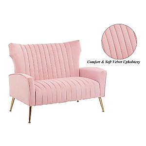 Altrobene Velvet Couch Modern Wingback Loveseat Tufted Luxury Sofa with Gold Legs for Living Room/Bedroom, Light Pink