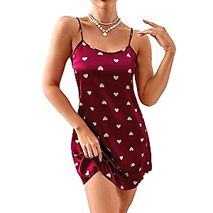 Vrtige Women's Satin Silk Heart Print Sleeveless Nightdress Chemise Nightgown Sleepwear Burgundy Small