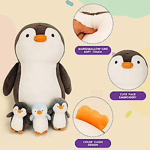 MMguai 4Pcs Penguin Plush Pillow, Giant Penguins Stuffed Animal Mommy 16 Inch with 3 Baby Penguin Plushies in Tummy, Gifts for Kids Girls Boys, Halloween, Christmas, Birthdays