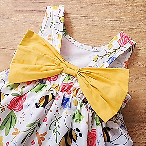 Toddler Girls Patchwork Bowknot Dress Bee Floral Prints Sleeveless Dresses Casual Soft Ruffle Swing Clothes (Yellow, 9-12 Months)