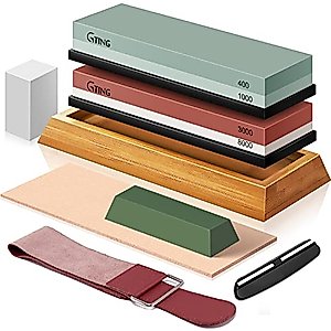 Knife Sharpening Stone Set, G-TING 400/1000 and 3000/8000 Grit Whetstone Knife Sharpener Kit with Leather Razor Strop, Leather Honing Strop, Polishing Compound, Bamboo Base and Flattening Stone
