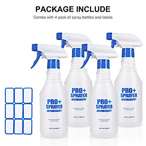 airbee Plastic Spray Bottles 4 Pack 16 Oz for Cleaning Solutions, Planting, Pet, Bleach Spray, Vinegar, Professional Empty Spraying Bottle, Mist Water Sprayer with Adjustable Nozzle & Measurements