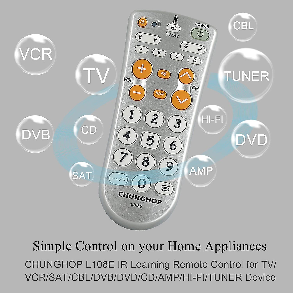 Remote Control Combinational Universal Learning Controller Chunghop L108E for TV/SAT/DVD/CBL/DVB-T/AUX Big Button