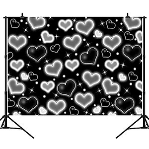 CapiSco Black Heart Photo Backdrop Early 2000s 90s Birthday Homies Party Banner Decorations Valentine's Day Glitter Heart 18th 30th Women Men Happy Birthday Background for Photoshoot 7x5FT SCO476A