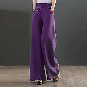 Linen Pants Women Summer Short Inseam Womens Straight-Leg Pull-on Pants Cotton Linen Trousers Palazzo Lounge Pants Slacks Summer Casual Comfy Loose Pants Purple XL