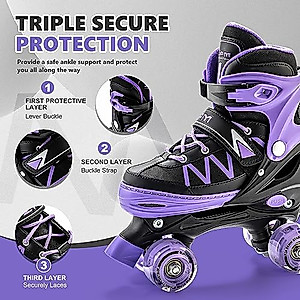 2PM SPORTS Roller Skates for Girls, 4 Size Adjustable Light up Kids Skates, Beginner Roller Skates for Boys Indoor Outdoor - Purple Large