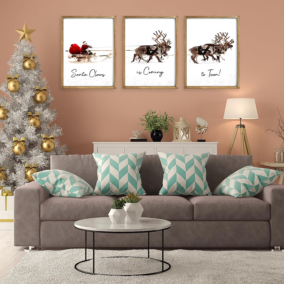 LITIVY Framed Set of 3 Christmas Wall Art Christmas Santa Claus with Sleigh Deer for Christmas Wall Decor Prints Xmas Sign for Home Decor Christmas Decorations(12"x16", Brown)