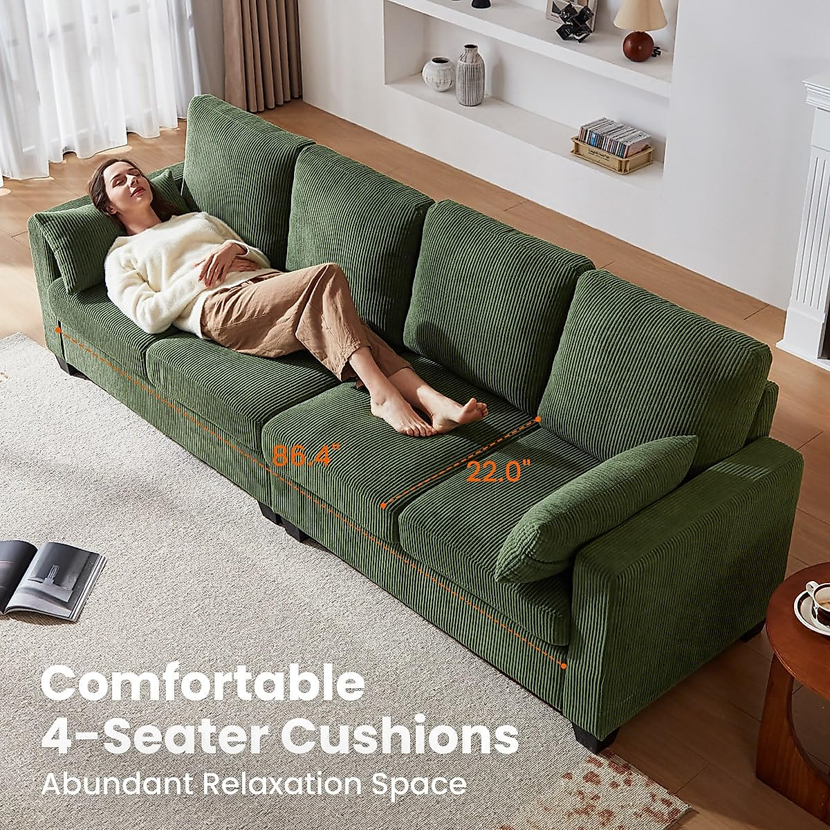 CHIC HOUSE Corduroy Modular Sectional Couch with Ottoman Chaise, L Shaped 4-seat Sofa for Living Room, Apartment, Lounge, Modern Armrest Neck Support Furniture