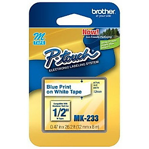 1/2" (12mm) Blue on White P-Touch M Tape for Brother PT-45, PT45 Label Maker
