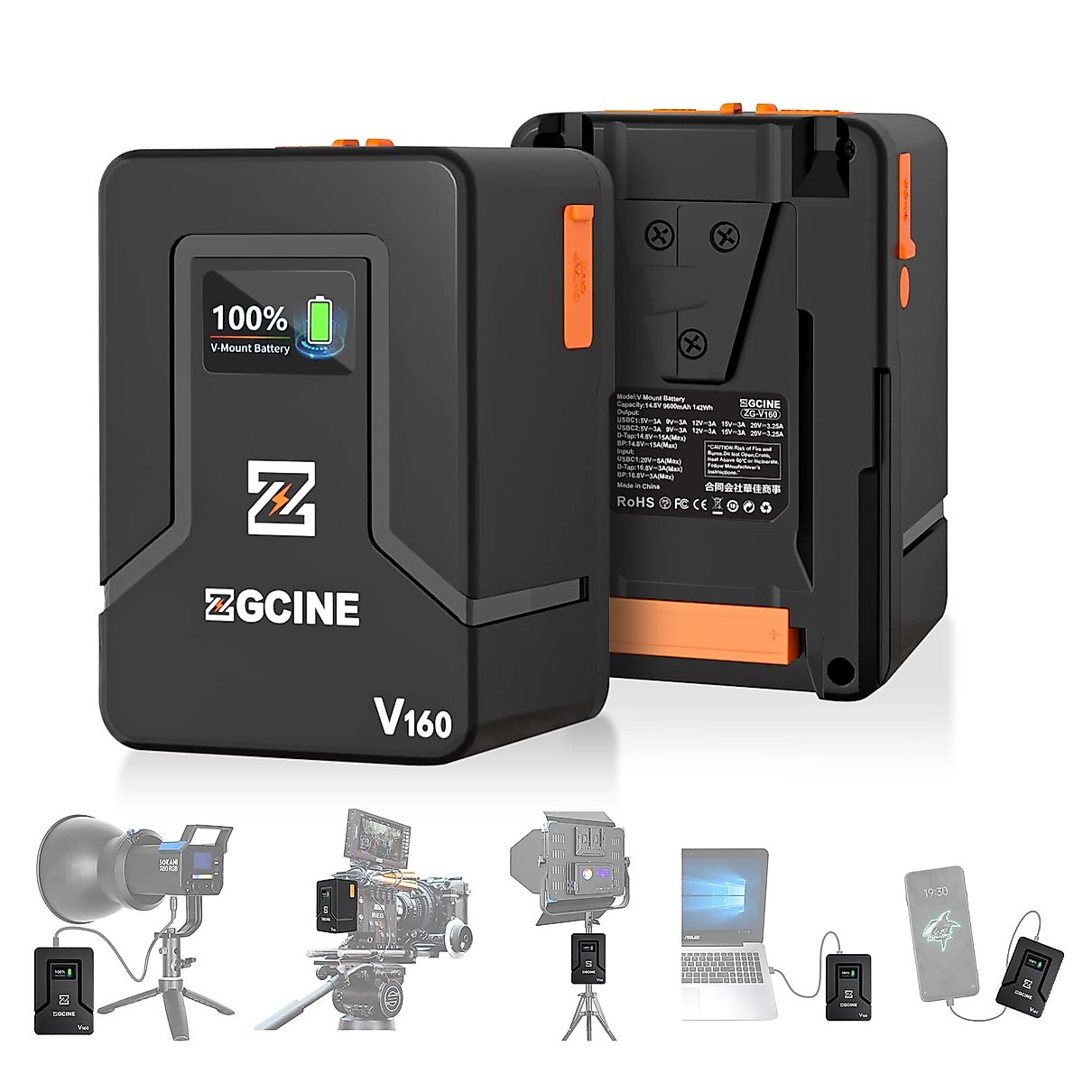 ZGCINE ZG-V160 V Mount V-Lock Battery with D-TAP,USB-C,BP Input & Output, USB-A & DC Output, Mini Power Bank for Cameras, Camcorders, LED Lights, Monitors and Smartphone